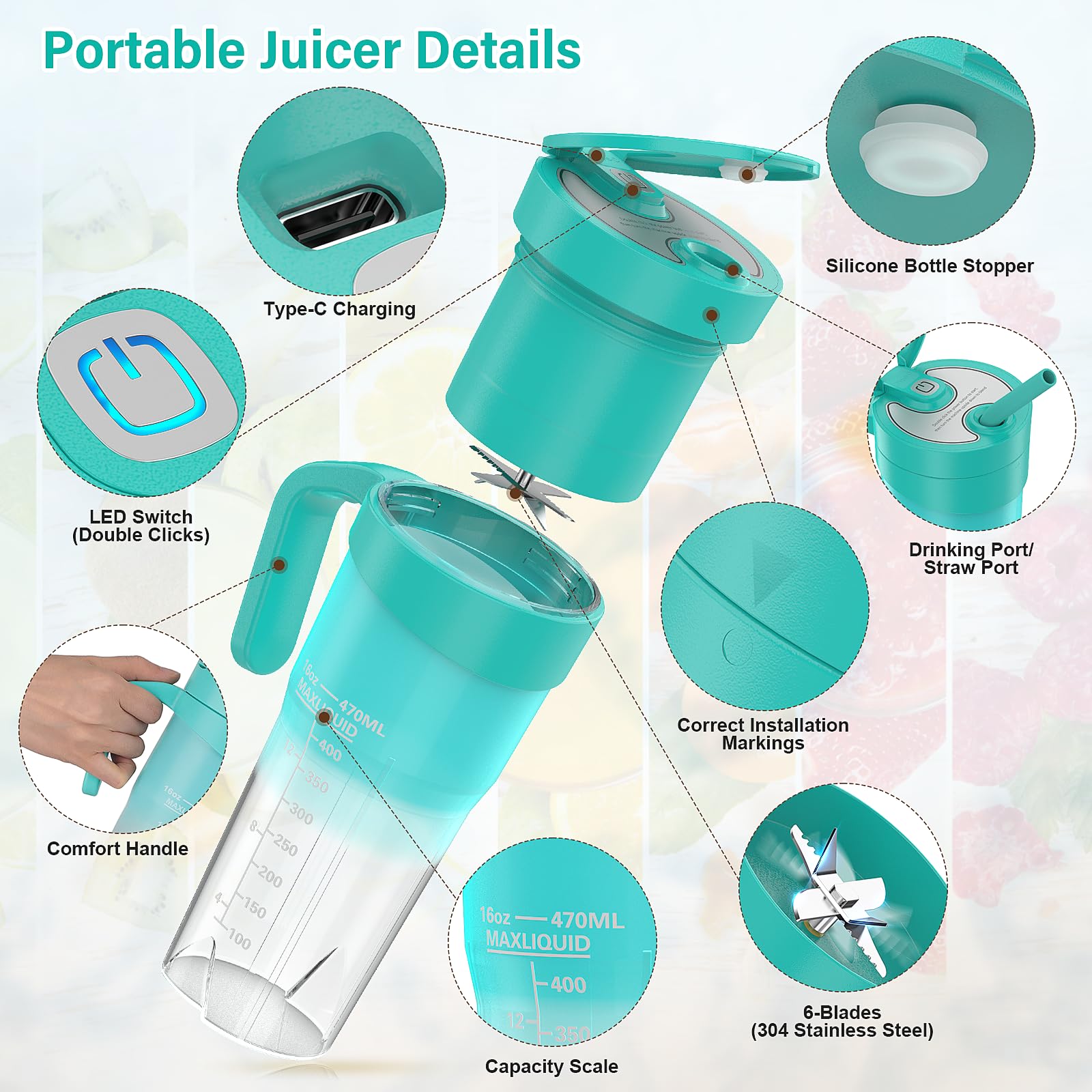 Portable Blender for Shakes and Smoothies, 16 Oz Mini Blender cup, HUIJUTCHEN Personal Blender with Six Blades USB Rechargeable Juicer Blender Cup for Baby Food Travel Kitchen, 470ML Green