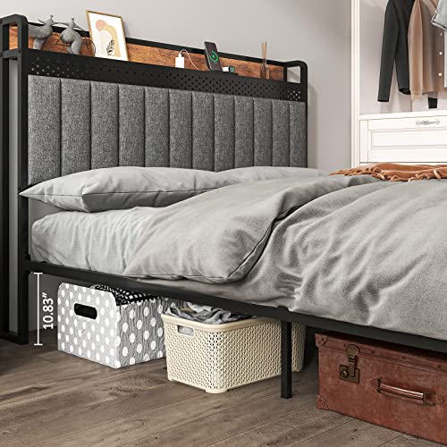 Saudism Full Size Bed Frame with Charging Station, Bed Frame with Led Lights, Full Platform Bed Frame with Soft Storage Headboard, Sturdy and Durable, No Box Spring Needed, Rustic Wood + Steel, Grey
