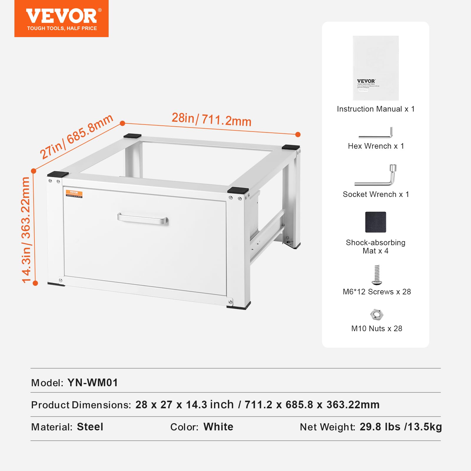 VEVOR YN-WM01 Laundry Pedestal Washer and Dryer Stand Platform Universal Fit 660lbs Capacity, Heavy Duty Multi-Functional Base for Washing Machine with Drawer & Rich Accessories, White
