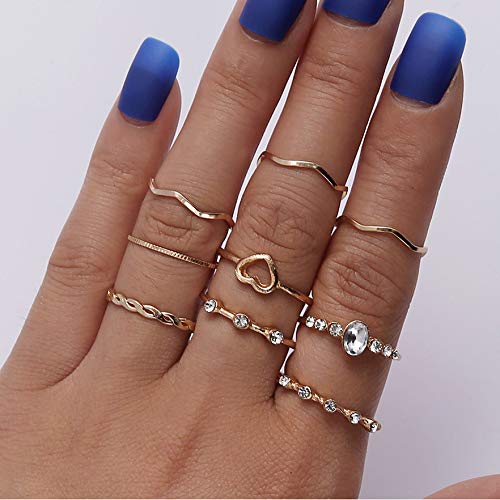 GRAEEN Knuckle Rings Index Finger Rings Hollow Love Rose Gold Ring Sets for Women (Pack of 9) (Style 1)