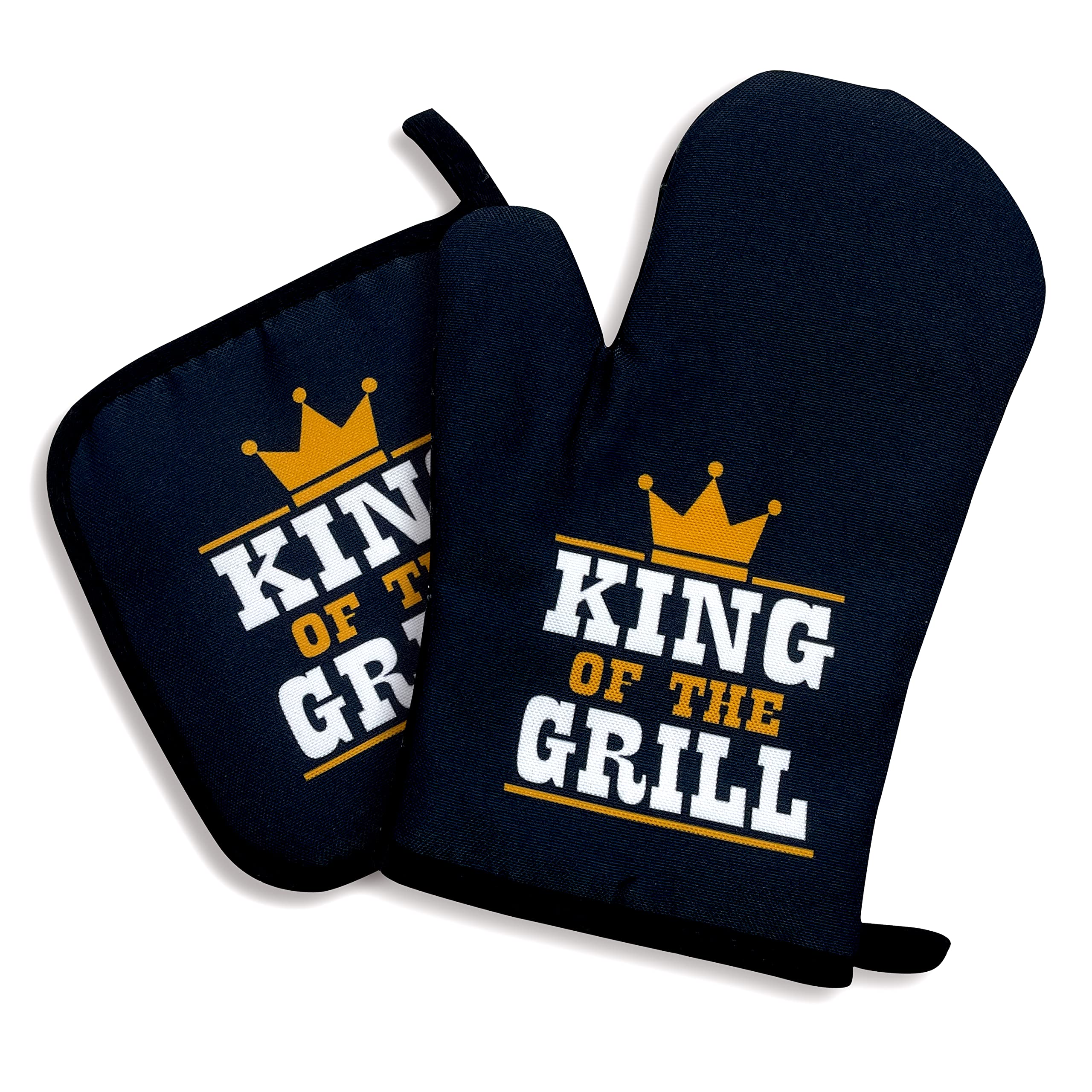 King of The Grill,Oven Mitts and Pot Holders Sets of 2，Funny Oven Mitt，Silicone Non-Slip Oven Mitts,BBQ Lover Gift,Cute Housewarming Gift,Perfect for Kitchen,Cooking,Baking,Grilling