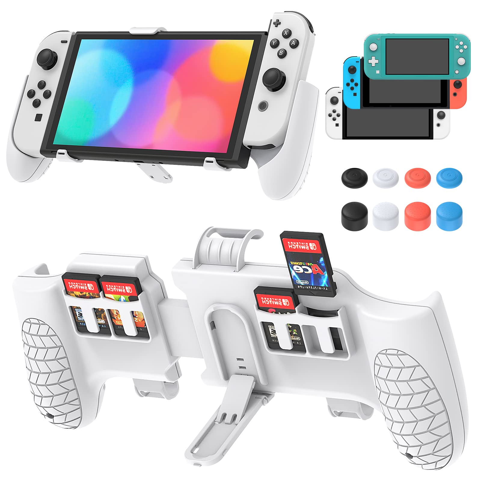 Grip Case for Nintendo Switch OLED/Switch/Switch Lite, MENEEA Hand Grip Stand with Adjustable Stand& 8 Thumb Grips Caps+ 4 Game Card Slots, Anti-Scratch& Ergonomic Accessories for Gamers(White)