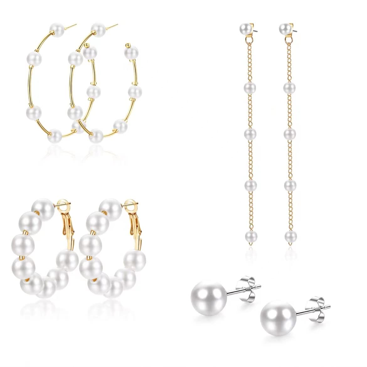 Hossatic 4 Pairs Pearl Earrings for Women Set Lightweight Pearl Hoop Earrings Faux Pearl Stud Earrings Drop Dangling
