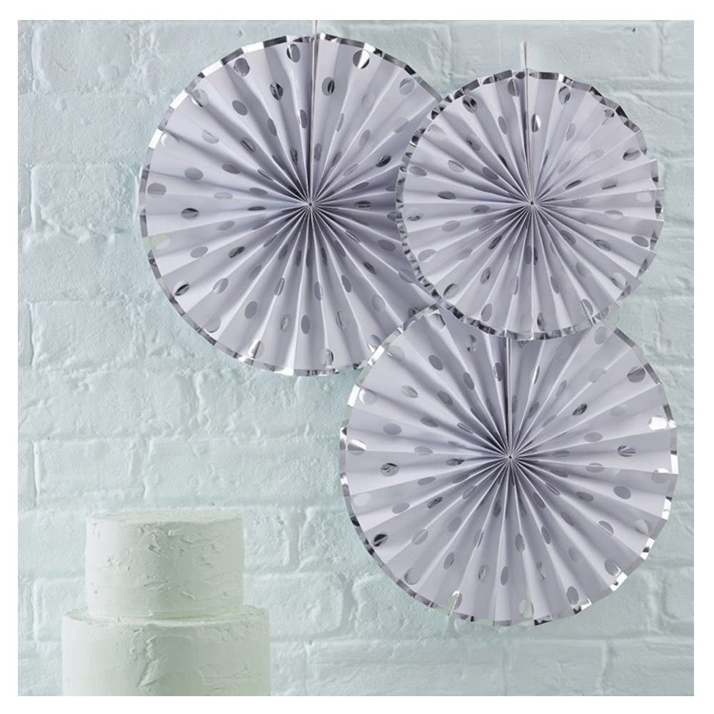 Ginger Ray Silver Foiled Polka Dot Paper Fan Hanging Pinwheel Decorations, 3 Pack
