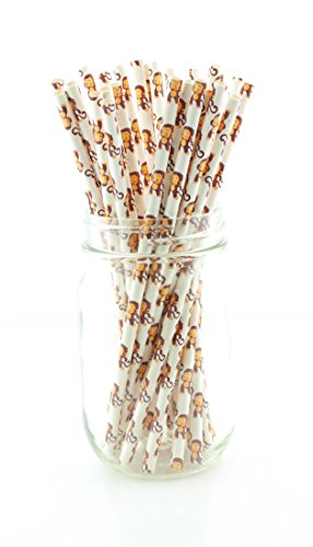 Monkey Party Straws (25 Pack) - Jungle Party Supplies, Brown Safari Paper Straws, Zoo Kids Birthday Party Decorations, Straws with Monkeys