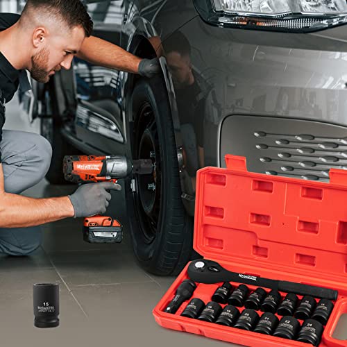 Meiwaltee 1/2-Inch Drive Metric Shallow impact Socket Set,16 PCS Metric 10-24mm Set,Includes 72-Tooth Ratchet and 3'' Extension Bar,Cr-V, 6 Point