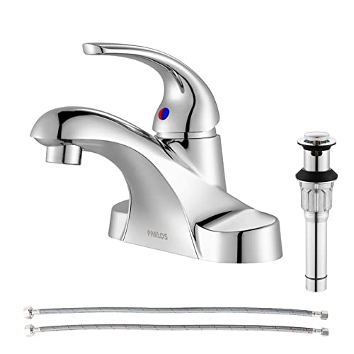 PARLOS Single Handle Mid Arc Centerset Bathroom Sink Faucet with Metal Drain Assembly and cUPC Faucet Supply Lines, Lead-Free, Chrome 13433