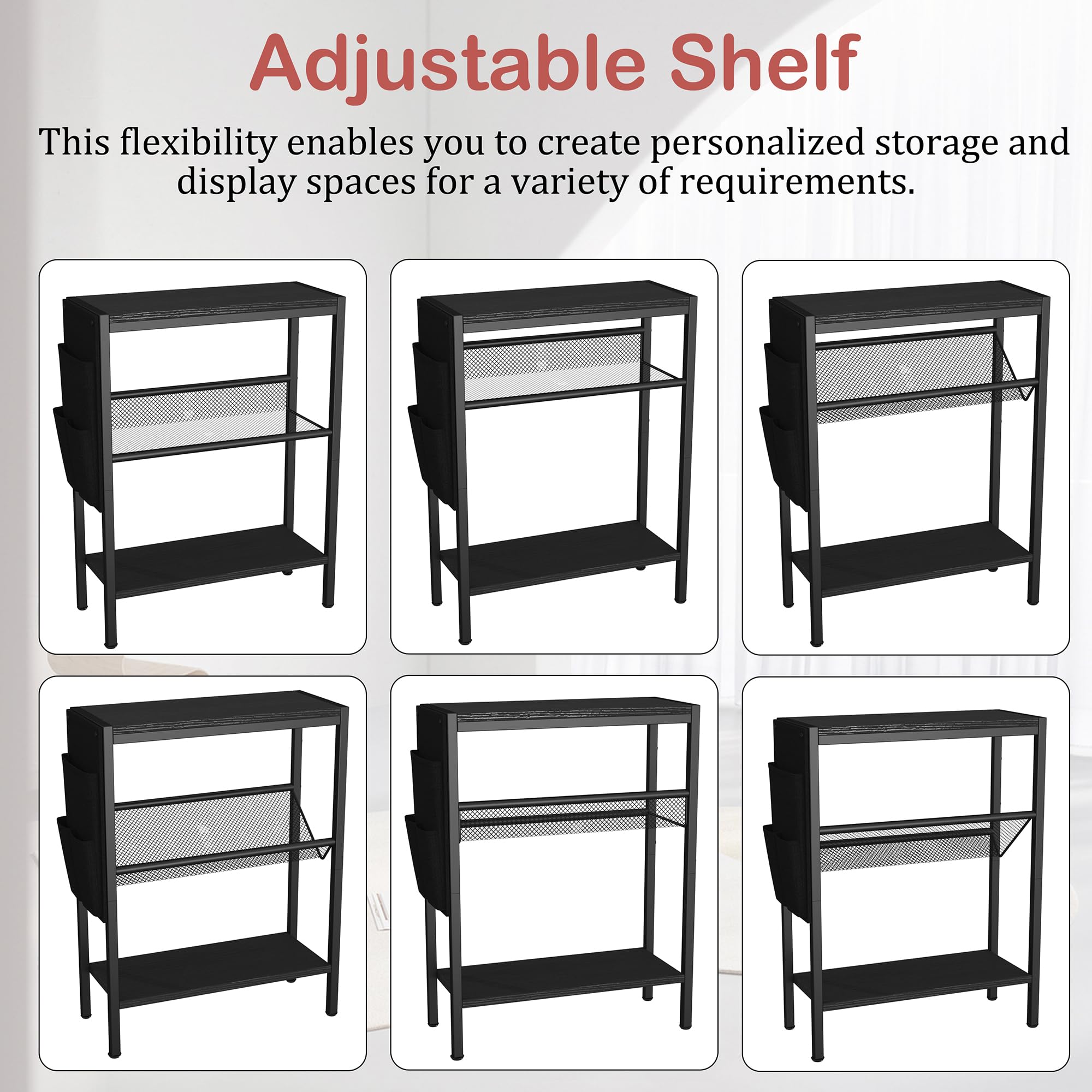 Yusong Small Narrow Side Table for Small Spaces, Slim End Table with Storage Bag, Sofa Snack Table with Adjustable Metal Mesh, 3 Tier Accent Skinny Beside Table for Living Room & Bedroom, Black Oak