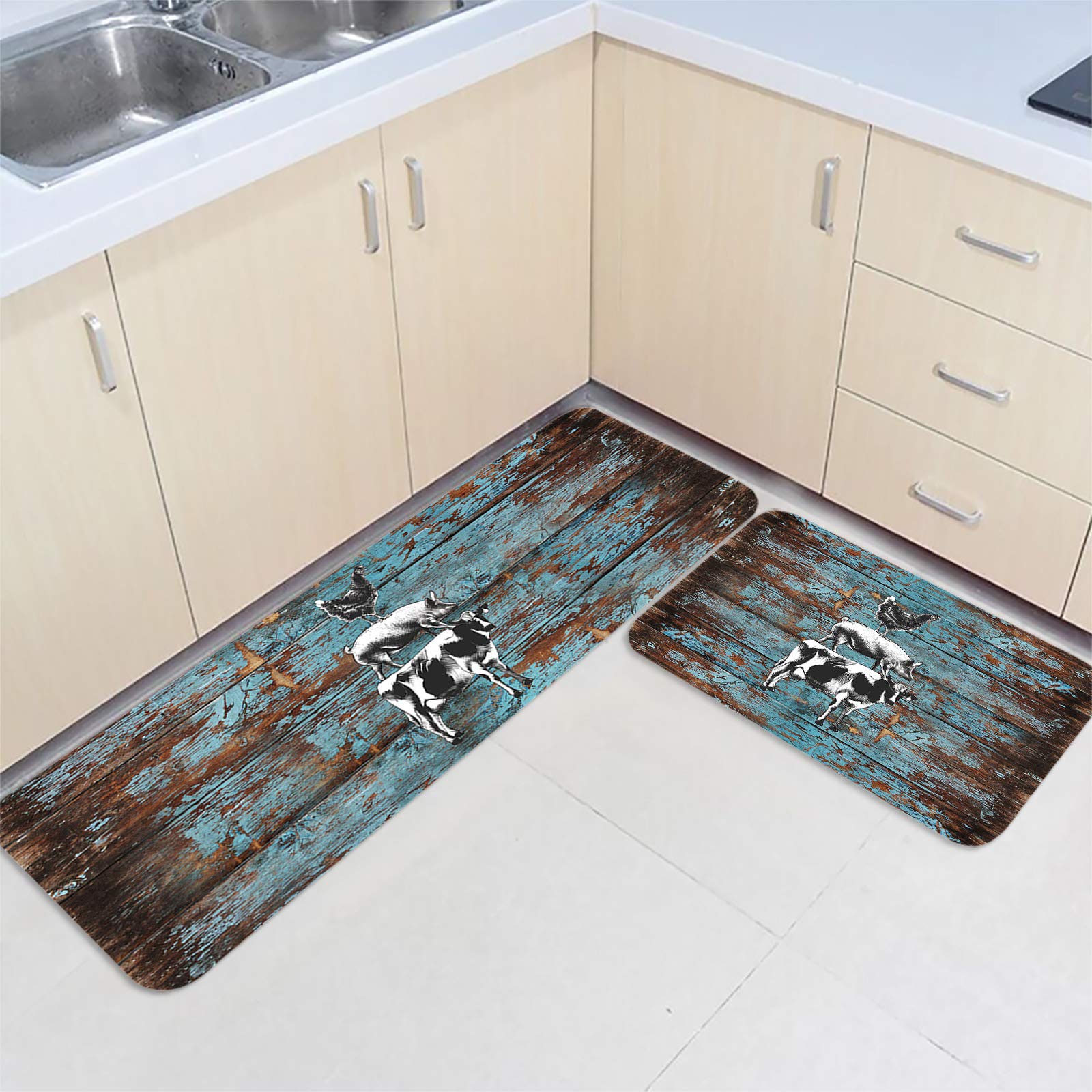 Kitchen Rugs and Mats Non Skid Washable Sets Farmhouse Anti Fatigue 2 Piece Set Non Skid Waterproof Standing Rugs Animal Decor Cow Pig Chicken Vintage Retro
