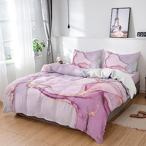 Pink Gradient Marble Golden Veins Duvet Cover Sets 4 Piece Queen Ultra Soft Bed Quilt Cover Set for Kids/Teens/Women/Men,Modern Abstract Ink Painting Art Bedding Collection All Season Use