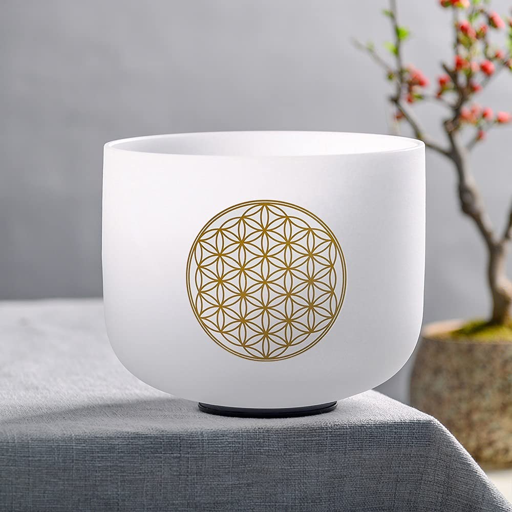 N/A 528Hz 8" C 5 Octave Chakra Frosted Quartz Crystal Singing Bowl with Flower of Life