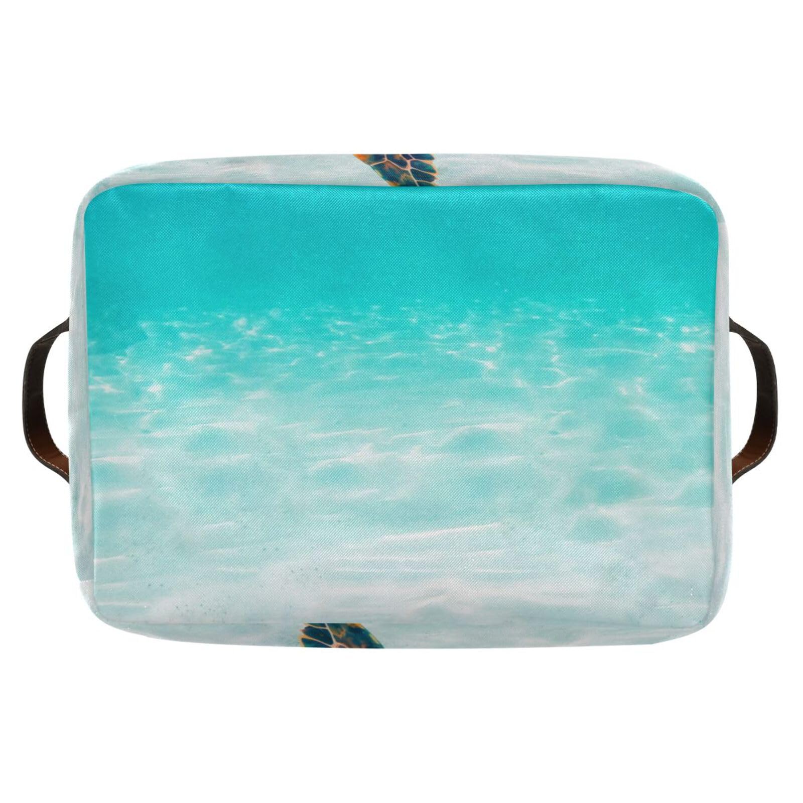 Sea Turtle Teal Large Storage Basket Cube Storage Bin Canvas Fabric Organizer Handles Collapsible Decorative for Clothes Toys Bedroom