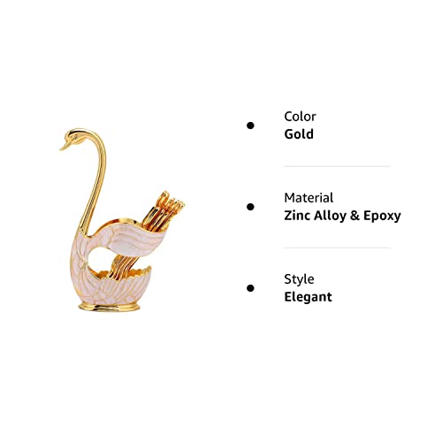 Metal Coffee Dessert Dinner Spoon Set, Teaspoon Fruit Dessert Flatware Swan Base Holder Metal Coffee Spoon Organizer with 6pcs Coffee Dessert Sugar Ice Cream Spoons (Gold)