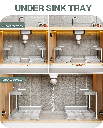 Under Sink Organizer and Storage with Under Sink Tray, 2 Tier Sliding Under Sink Shelf, L Shaped Pull Out Cabinet Basket Organizer, Slide Out Organizer Rack for Bathroom, Kitchen, 2 Pack, Clear