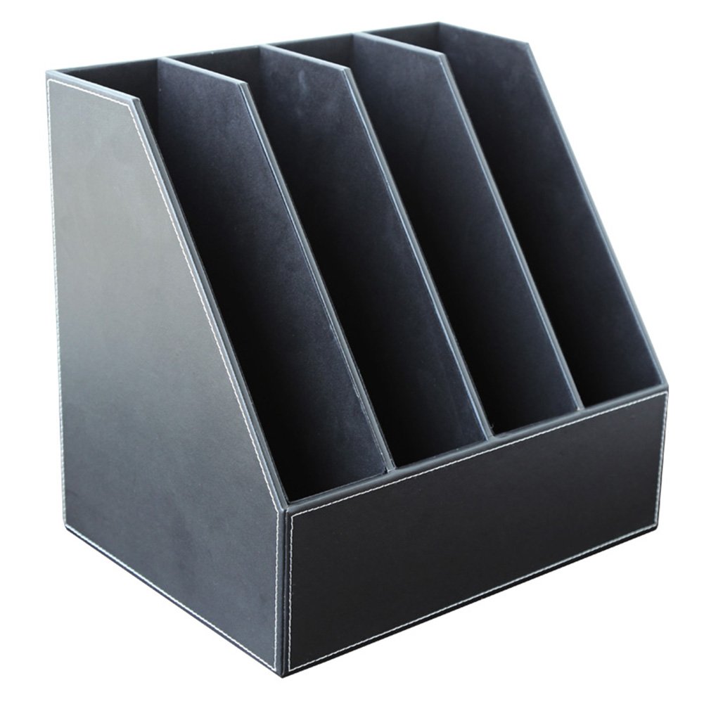 KINGFOM 4-Slot Wood Leather Document Files Holder Rack Stand Desk Files Organizer Papers Collection Cabinet (4 Slot Black)