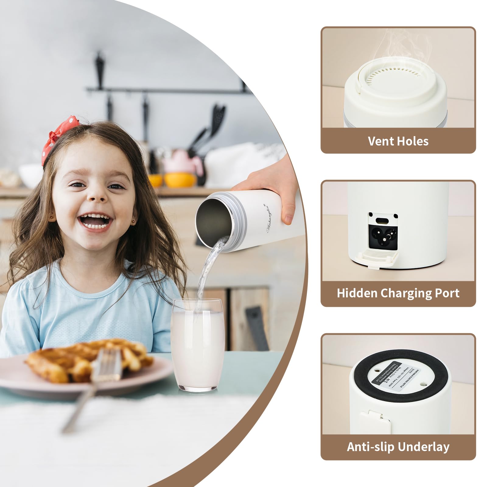 Portable Bottle Warmer for Travel, 17 Oz Milk Warmer, 4 Temperature Control & Auto Shut-Off, Fast Boil Hot Water Warmer, Perfect for Travel&Hotel Use,Electric Kettle with Handy(White,Non-Rechargeable)