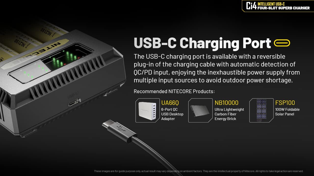 Nitecore Ci4 Four Bay Universal Battery Charger Support 16340 14500 18650 21700 Lithium Ion AA AAA Ni-MH Ni-CD, USB-C QC PD with Lumentac Battery Organizer