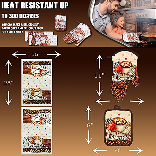 Lobyn Value Packs - 2 Coffee Kitchen Dish Towels, Matching Potholder & Oven Mitt Linen Set Steaming Style for Your Kitchen Decor Featuring Cafe Themes