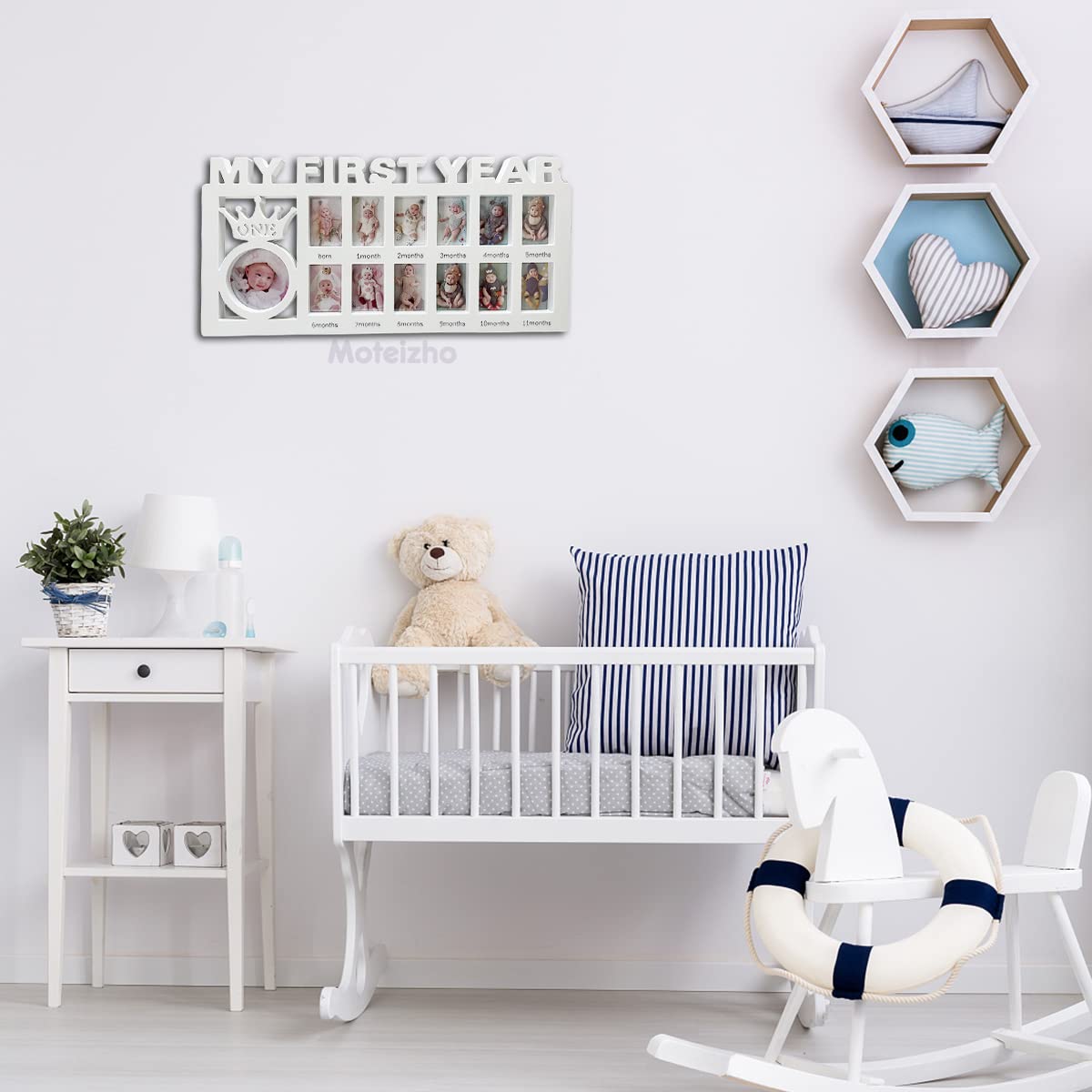Moteizho Baby's First Year New Born Keepsake Frame 12 Month Picture Frame Milestone Photo Frame Baby Picture Frame Nursery Picture Frames 16"x8"x1" (white)