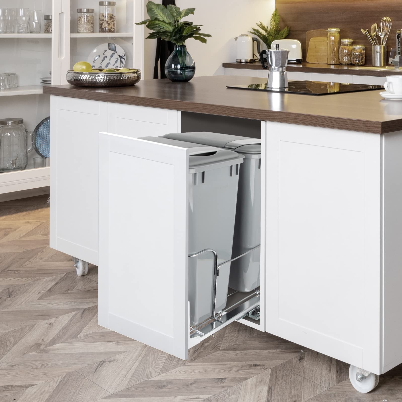 Pull-Out Trash Can, 50Qt Double Bins, Under Mount Waste Container with Soft-Close Slides, 176 lbs Load Capacity & Recycling Bin Door-Mounted Brackets Garbage with Lids for Kitchen Home Cabinet,2pack