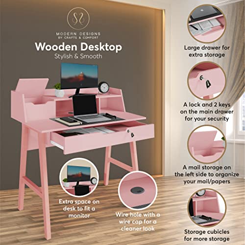 Roma Writing Desk - Elegant Wood Study Desk With Storage, Cable Holes & Drawers - Work Table for Home, Office, Dorm, Small Spaces - Compact Black Desk, 40x19x36.9β (pink)