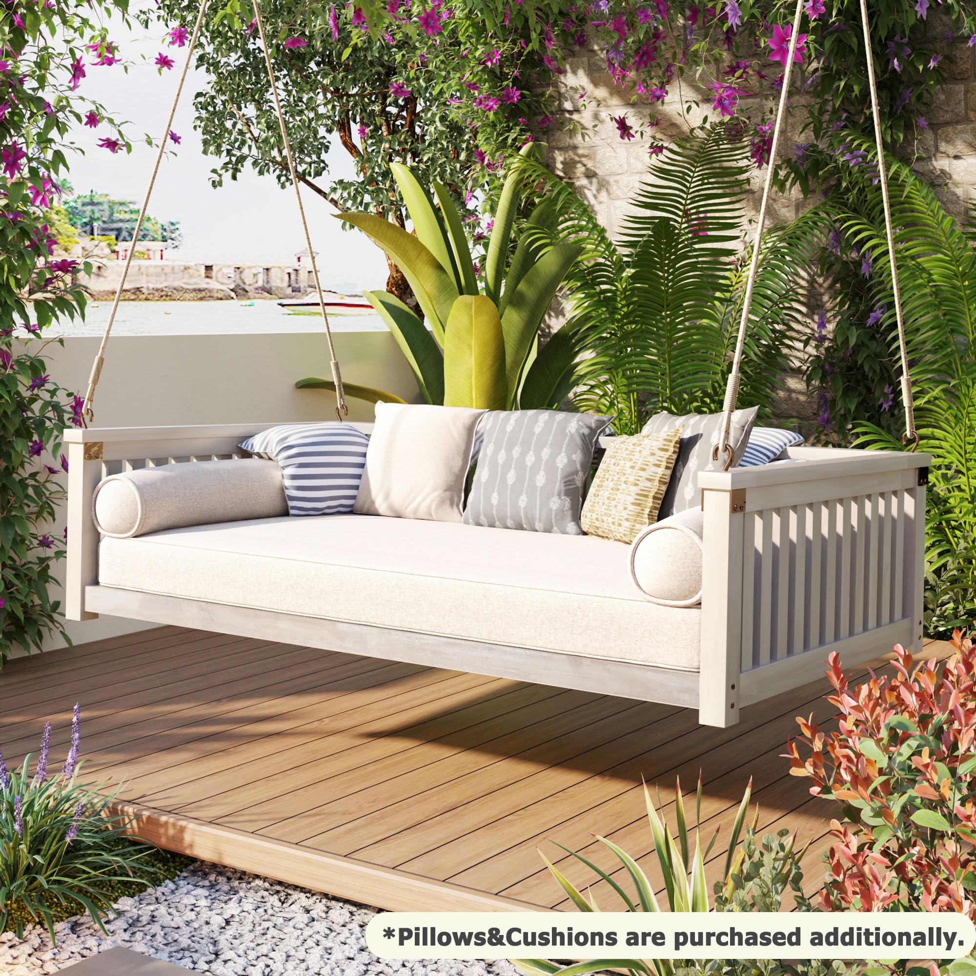 Patio Minimalist Twin Size Garden Swing Bed Wood Porch Swing with Ropes for Backyard, Safe Sloped Design (White)