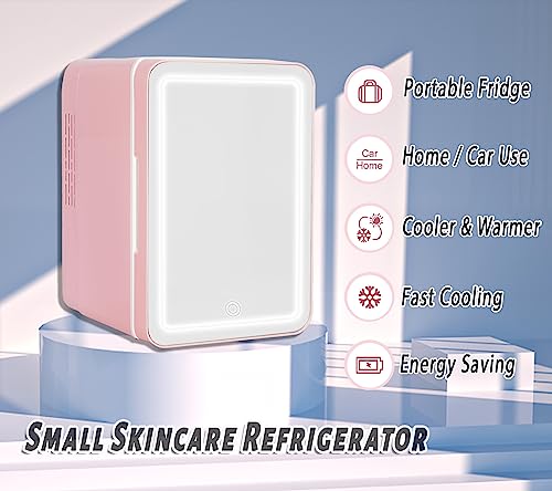 VNIMTI Mini Skincare Fridge 4 Liter/6 Cans, Portable Cosmetic Fridges with Makeup Mirror, Cooler & Warmer, AC & DC, Small Refrigerator for Bedroom, Car, Office, Outdoor (Pink - 4L)