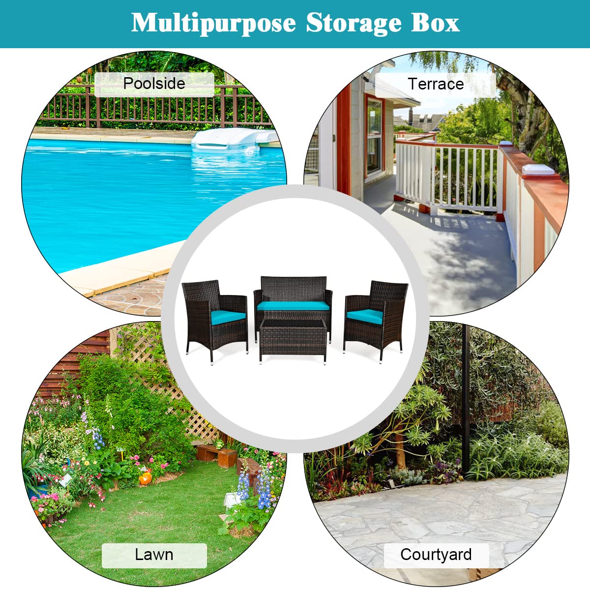 Toolsempire 4 Pieces Patio Sofa Set, Wicker Conversation Set with Ergonomic Curved Backrest, Rattan Furniture Set with Water-Resistant Cushion & Tempered Glass Table for Balcony, Porch (Turquoise)