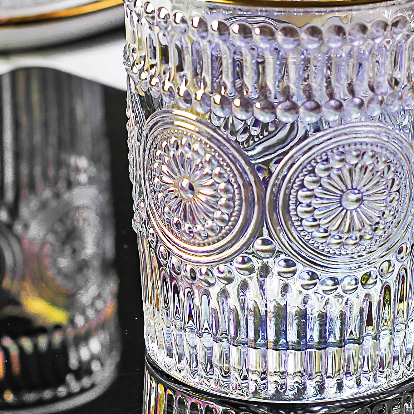 Kingrol 6 Pack 9 oz Romantic Water Glasses, Iridescent Drinking Glasses Tumblers, Vintage Glassware Set for Juice, Beverages, Beer, Cocktail