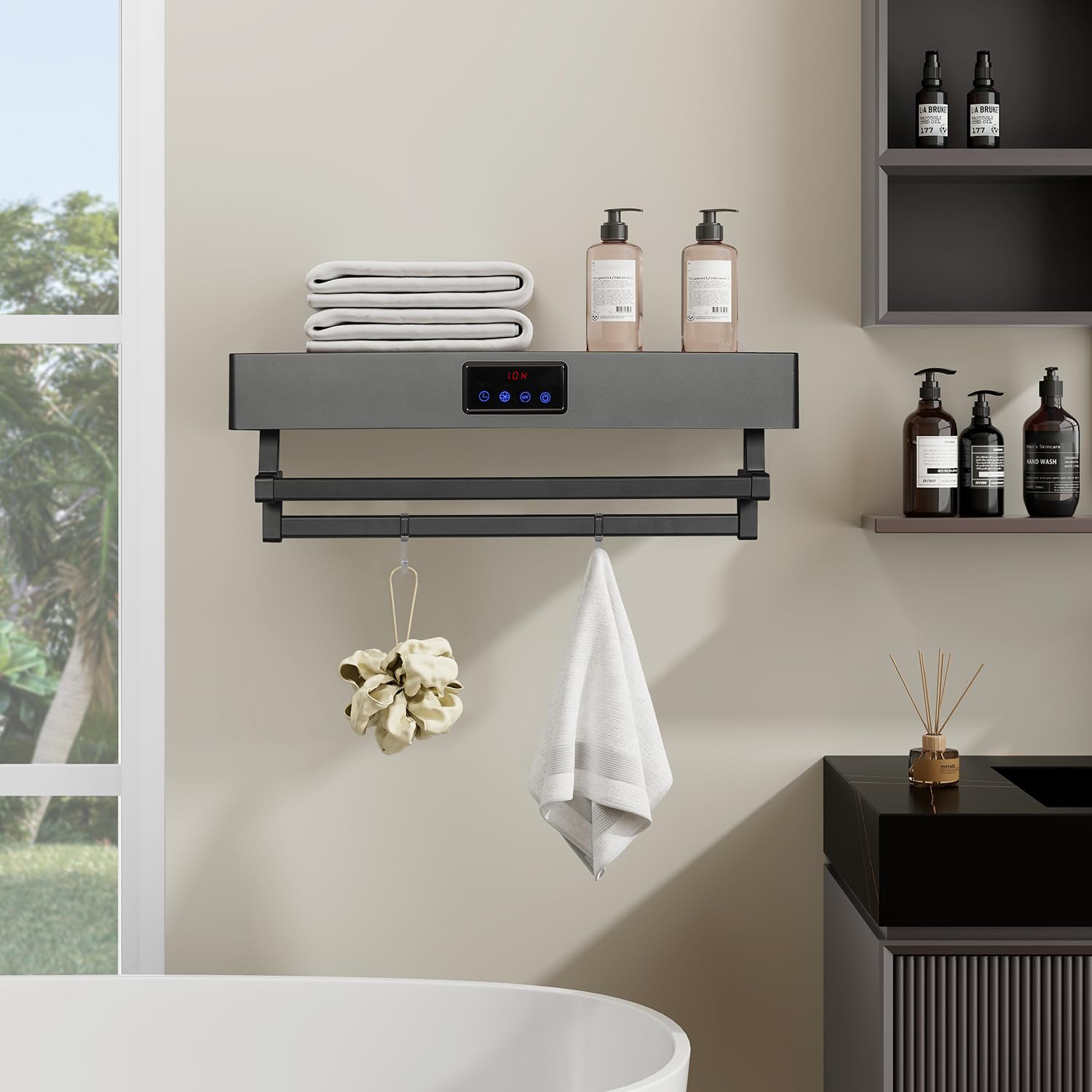 Puluomis Electric Towel Warmer Rack with Touch Screen, Wall Mounted Energy-Saving Towel Warmer with Drying Function, Auto-Off UV-Bathroom Heated Towel Rack for Bathroom, Spa, Hotels, Black