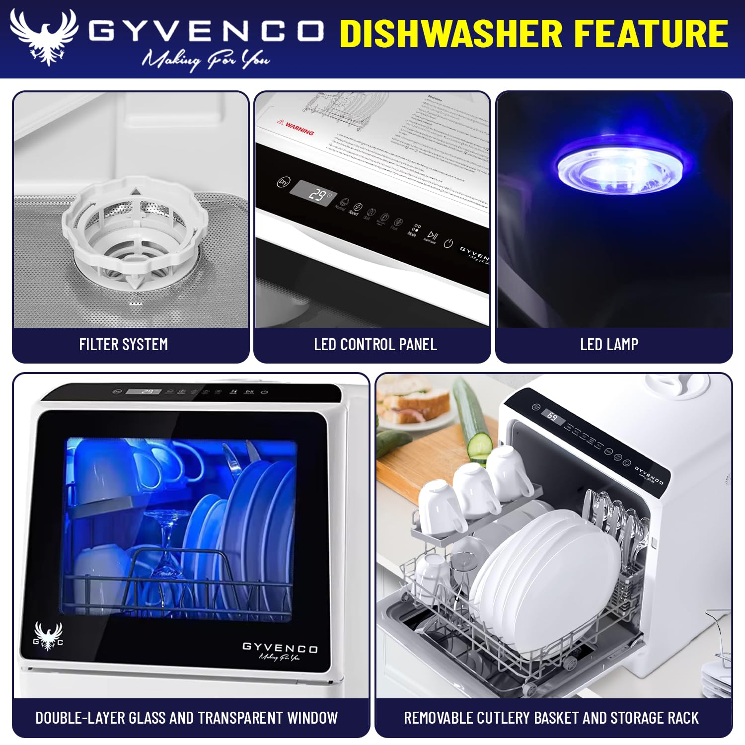 Portable dishwasher countertop with 5L Built- in Water Tank,6 programs for washing, No hookup needed,360° Dual Spray,192℉-High-Temp and Air Dry function, mini dishwasher RVs, lavaplatos