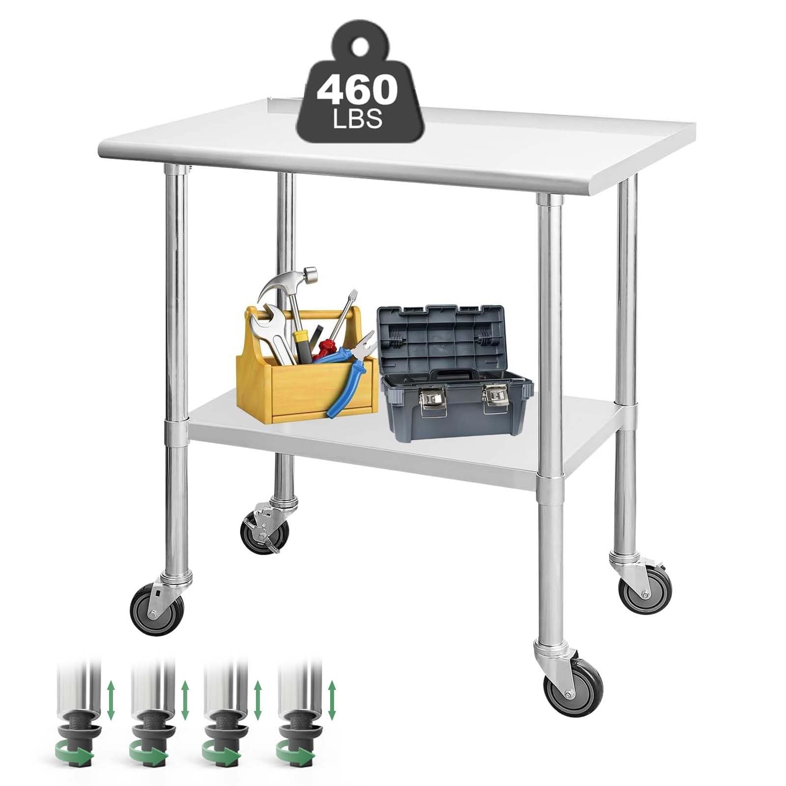 YBLFDY 24x30 Stainless Steel Table with Wheels and Adjustable Feet for Home Kitchen NSF Stainless Steel Prep Table,Metal Table with Undershelf for Garden