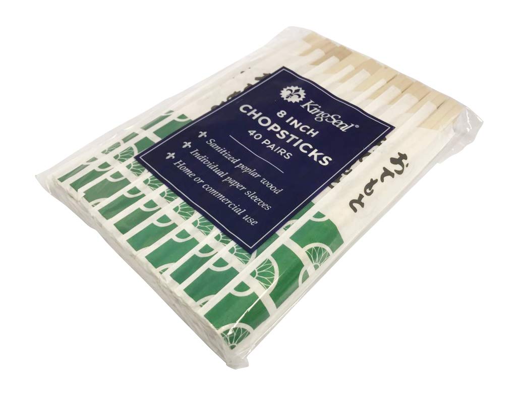 KingSeal 8 Inch Natural Poplar Wood Chopsticks, Indiv. Wrapped in Paper Sleeve, Bulk Pack - 80 Pairs (2 Packs of 40 Pairs)