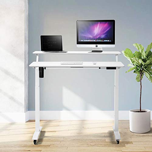 UNICOO - 2 Tier Electric Height Adjustable Standing Desk, Electric Standing Workstation Home Office Sit Stand Up Desk (White Top/White Leg - Electric- 2 Tier)