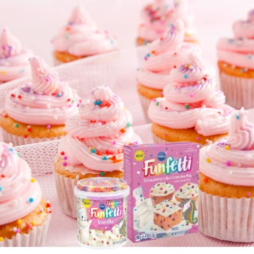 Unicorn Cupcake mix with frosting and cupcake baking pan accompanied by 50 baking cups and an RCM branded recipe card.