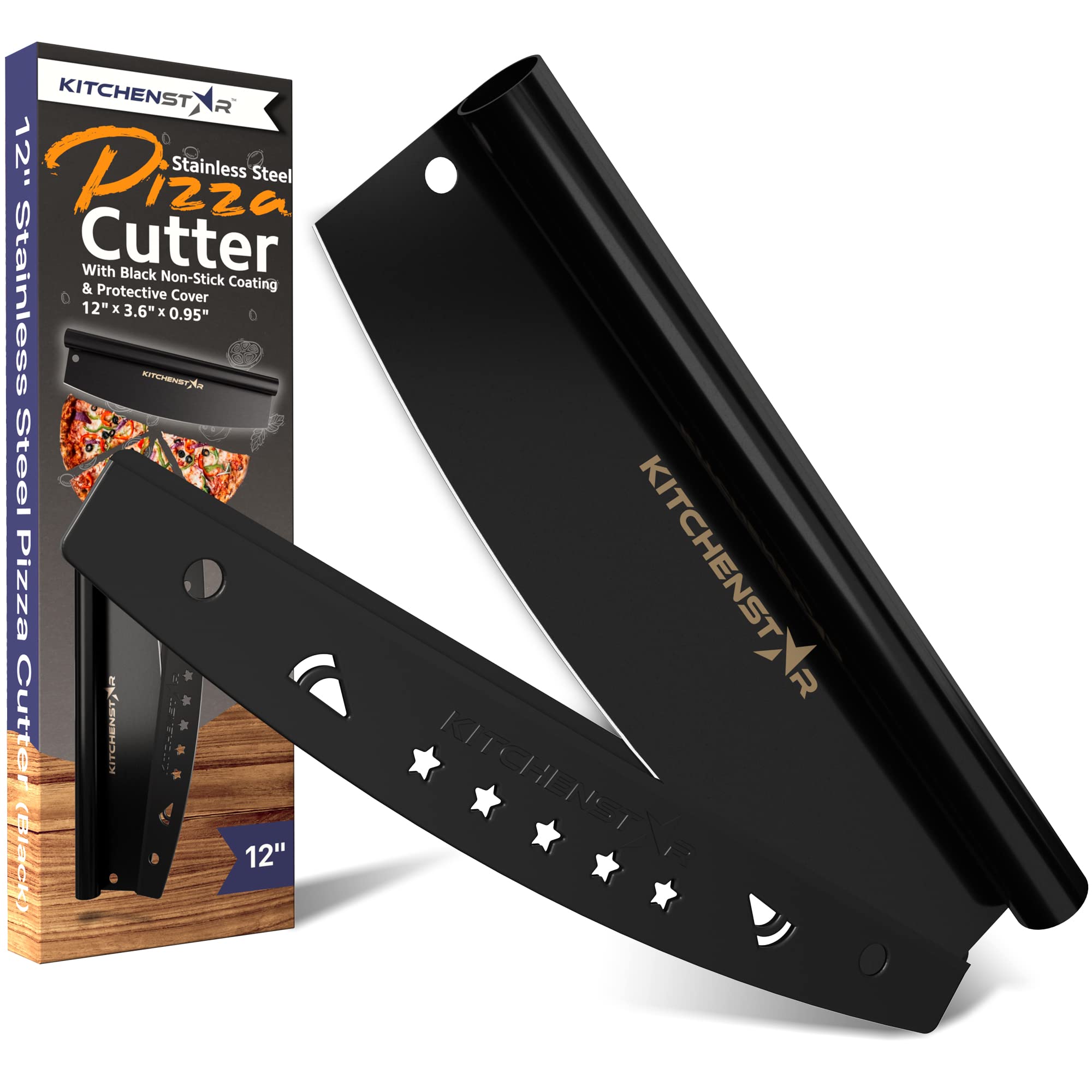 KitchenStar Pizza Stone for Oven and Grill 12 inch + Pizza Cutter Rocker 12" Black - Pizza Making Set Bundle - Premium Pizza Oven Accessories and Tools
