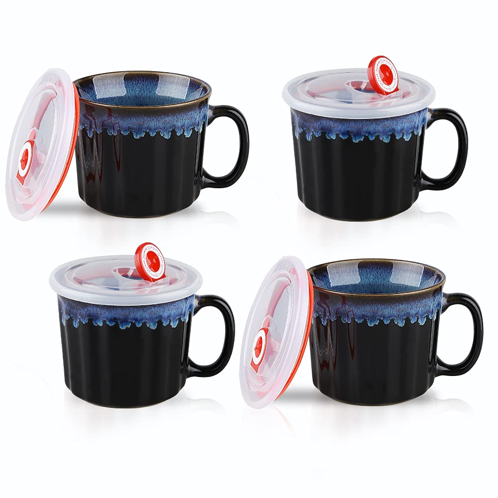 KOOV 20 Ounce Soup Mugs with Handles and Lids Microwave Safe, Ceramic Soup Bowls with Lids, Large Meal Mug Set of 4, Reactive Glaze (Nebula Blue)