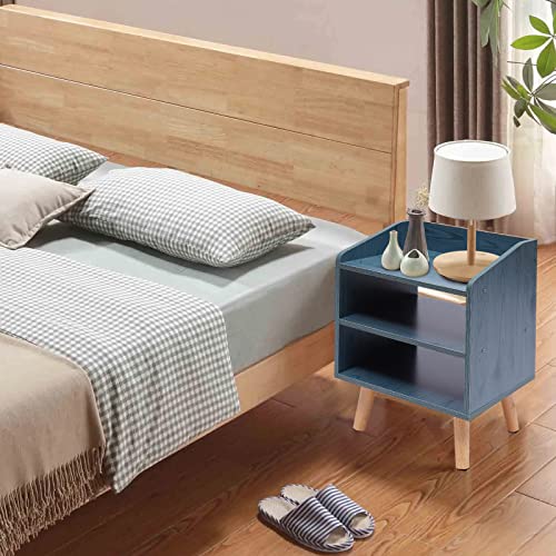 Small Bedroom Nightstand/Minimalist End Table/Side Table/Little Table - with 2 Open Storage Cabinets/Solid Wood Legs,Modern Bedside Night Stand for Bedroom, Living Room(Blue )- Easy Assembly