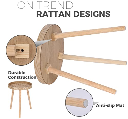 Small Side Table, Rattan Nightstand, Round End Boho Bedside Accent Mid-Century Modern Bed Tables for Living Room Bedroom Office Balcony(Natural Walnut)