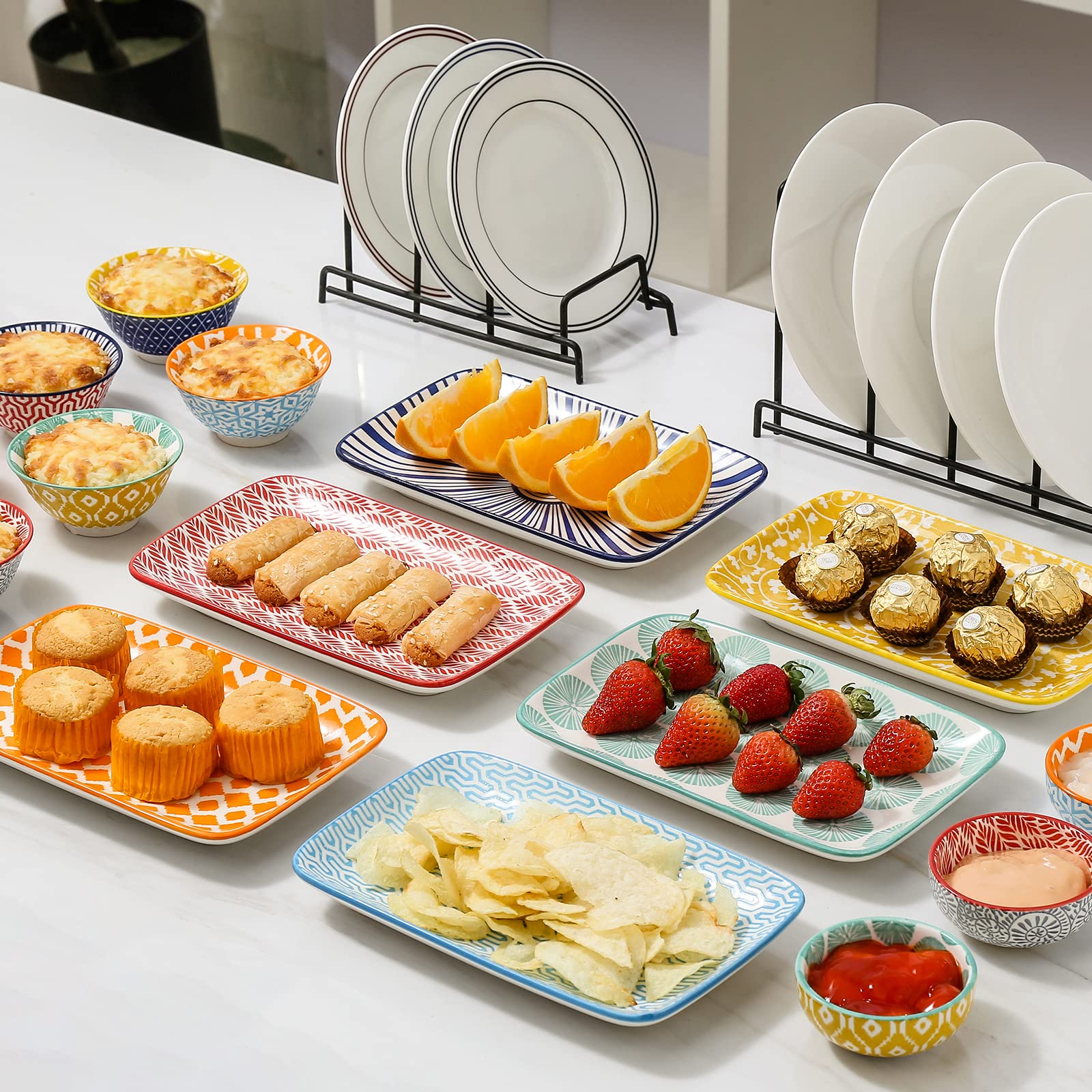 KitchenTour Rectangular Serving Platter, 9.5 inch Appetizer Plates Ceramic Dinner Plates Serving Trays Set of 6 for Salad, Sushi, Fruit, Microwave and Dishwasher Safe