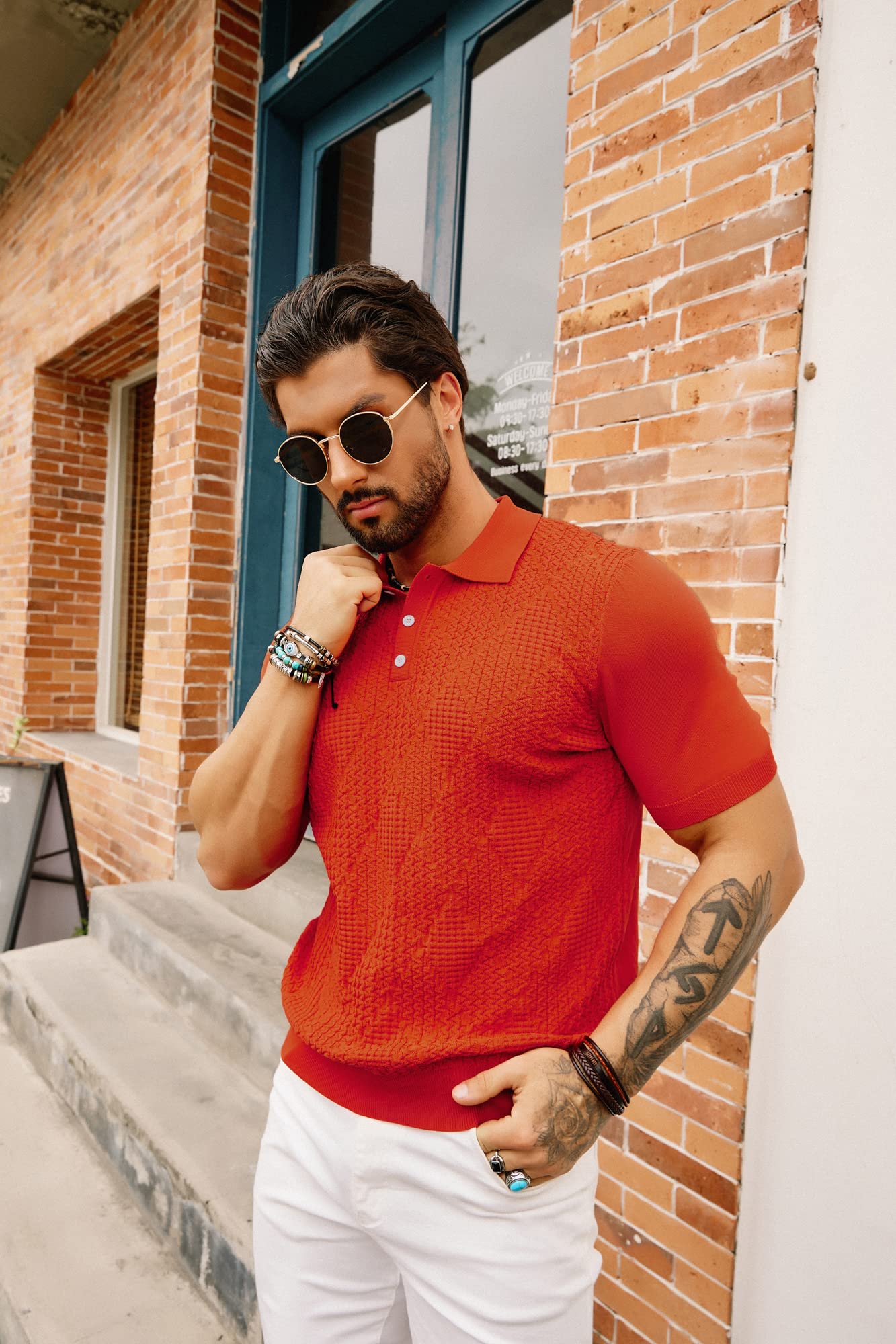 Mens Texture Knit Polo Shirt Vintage Casual Button Down Golf Shirt Orange Red L