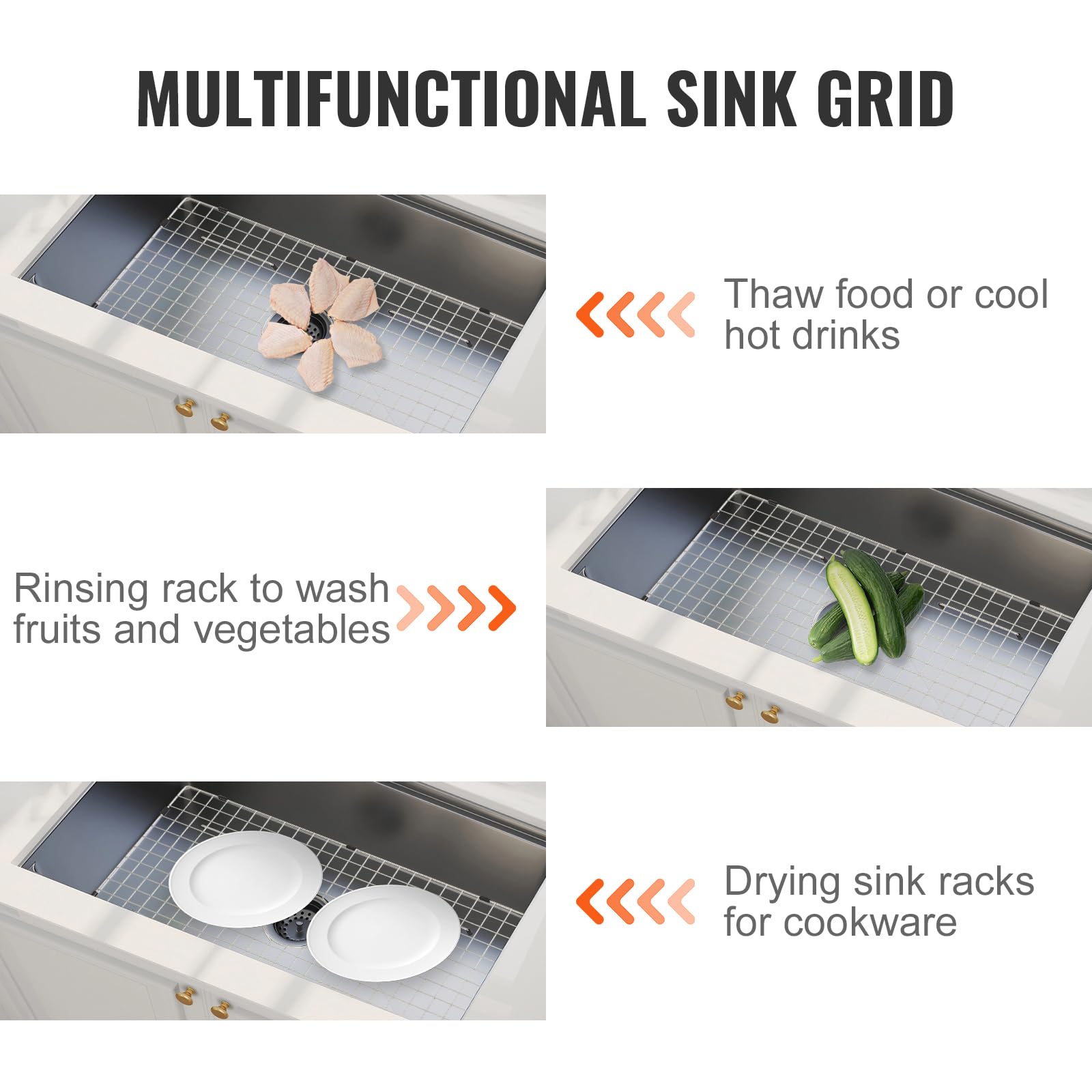 VEVOR Sink Protector Grid, 26"x14" Stainless Steel Sink Grates, Centered Drain Sink Grates with R90 Corner Radius, Large Sink Bottom Grids, Universal Bowl Rack Sink Accessory For Kitchen Sink, Silver