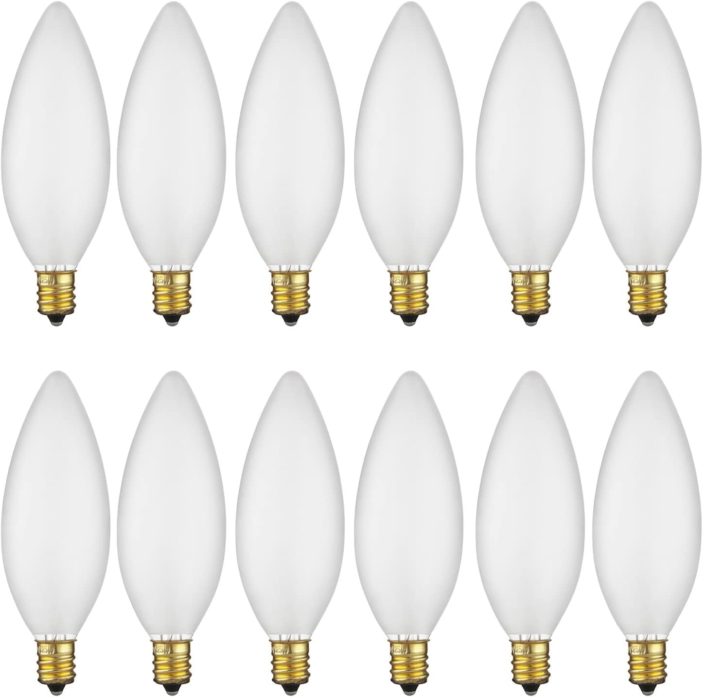 Sunlite B10 Incandescent Petite Chandelier Light Bulb, 15 Watts, Frosted, 70 Lumens, 120 Volts, Candelabra (E12) Base, Torpedo Tip, Dimmable, Title-20 Compliant, 2600K Warm White, 12 Count