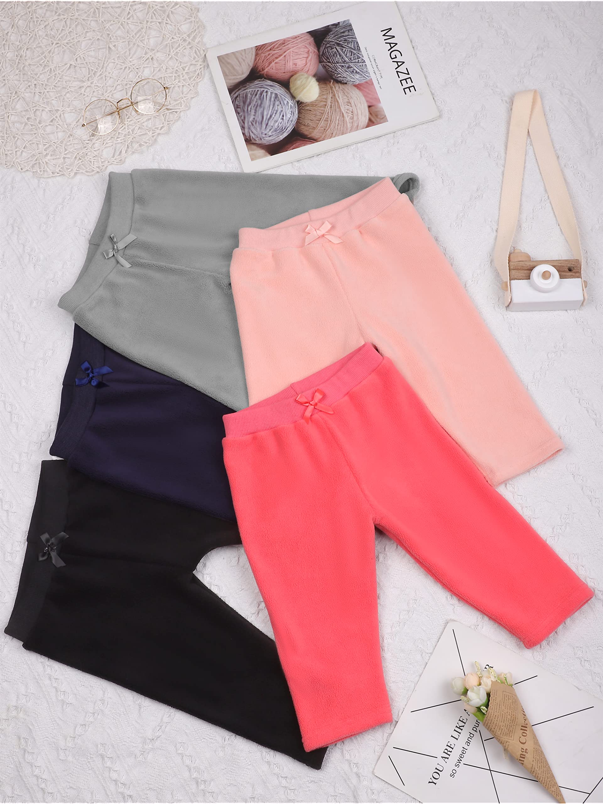 Resinta 5 Pack Baby Girls' Fleece Pants Winter Warm Soft Microfleece Pants with Waistband & Bow, 5 Colors