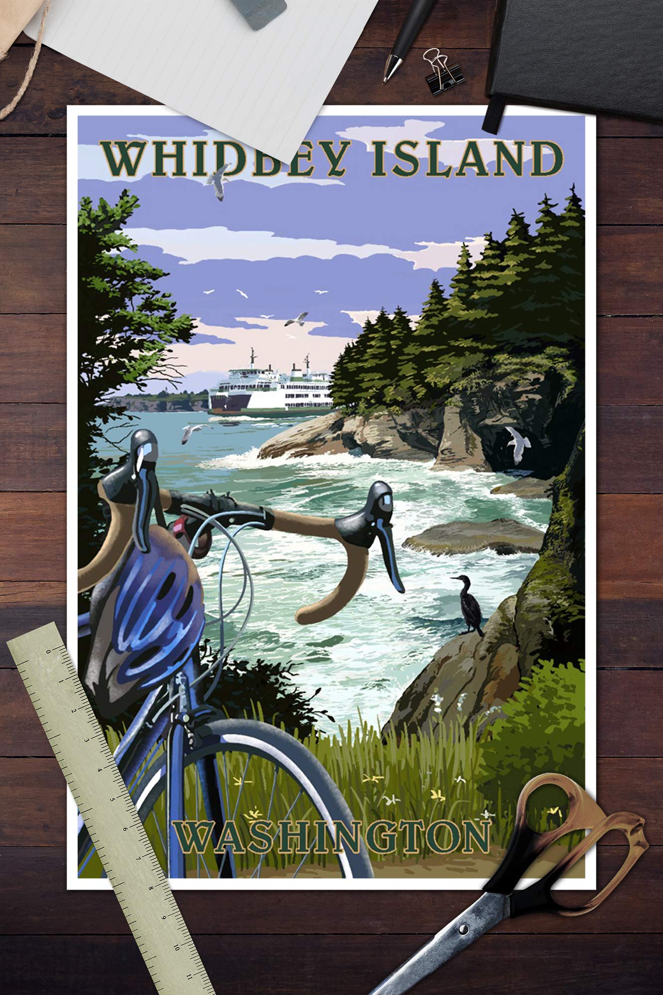 Lantern Press Whidbey Island, Washington, Coastal Scene, Bike and Ferry (12x18 Art Print, Travel Poster Wall Decor)