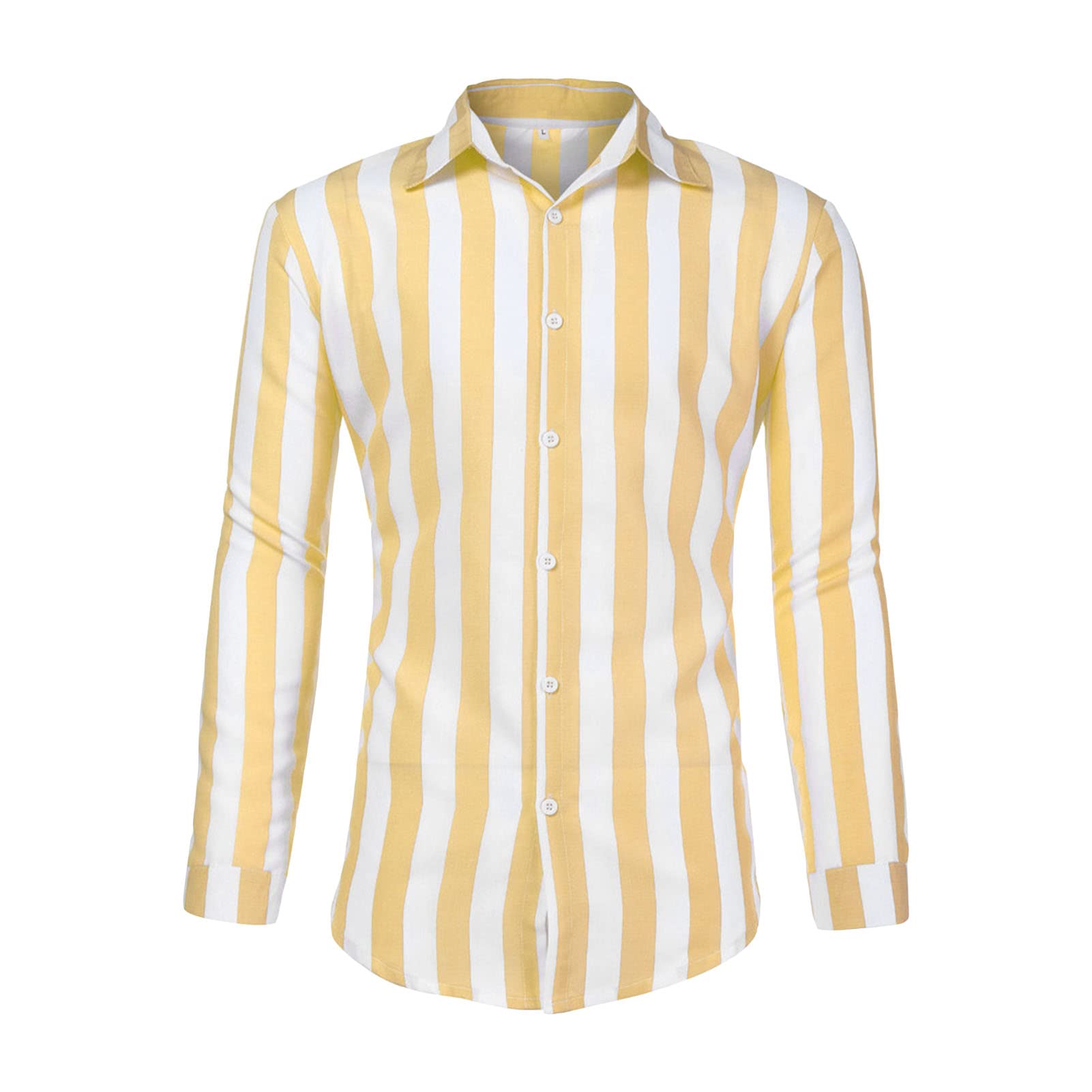 Men Casual Striped Button Down Shirts Long Sleeve Slim Fit Beach Shirt Fall Regular Fit Business Dress Shirt Top (Yellow,X-Large)