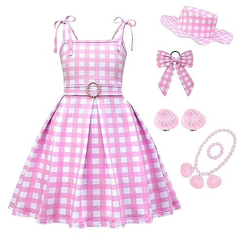 Sztylong Princess Pink Dress for Girls Plaid Fancy Sundress Halloween Costumes With Accessories