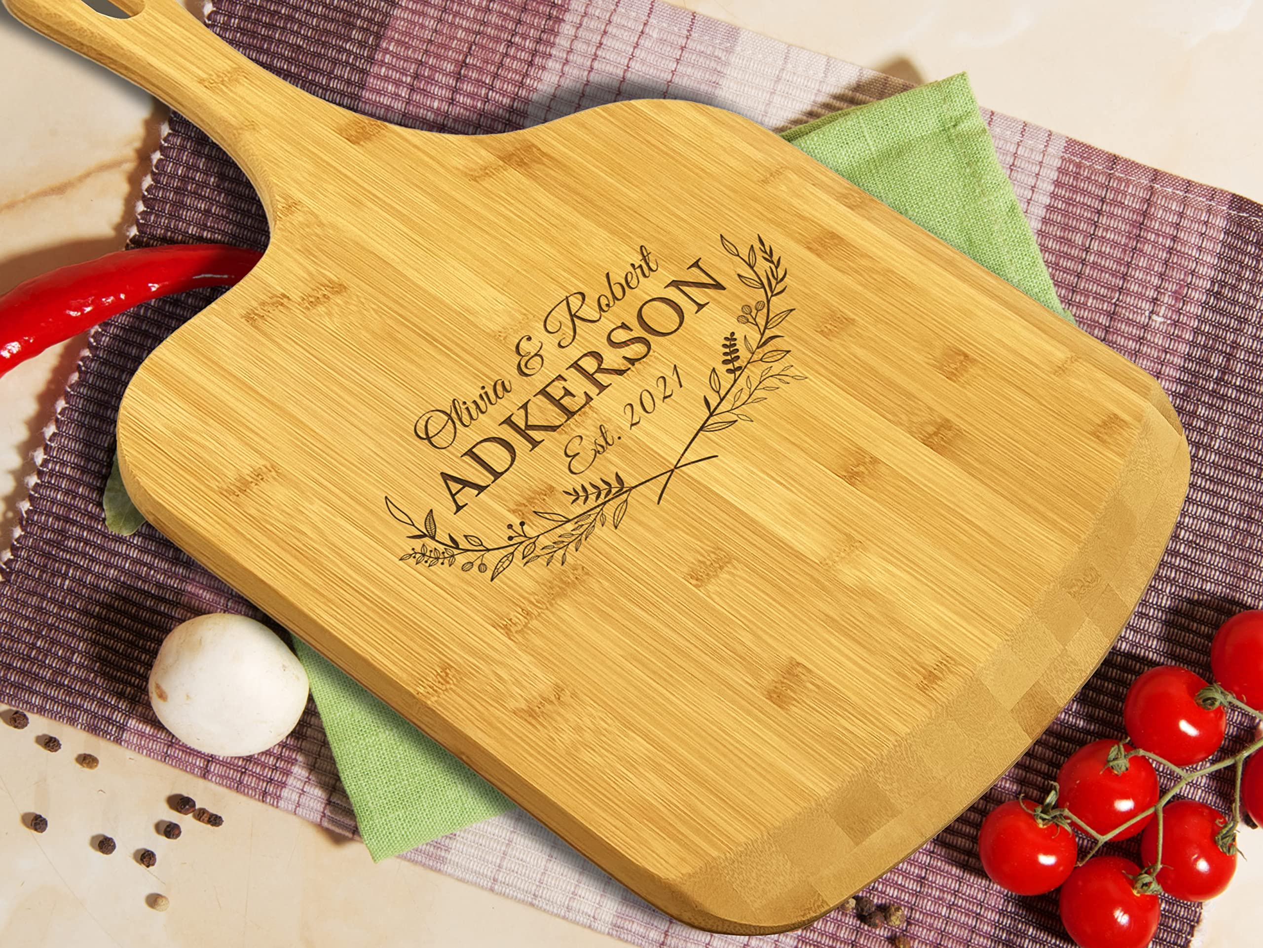 Personalized Bamboo Pizza Board with Handle Customized Wood Serving Cutting Pizza Board with Engraved Custom Name Monogram โ Wedding, Anniversary, Housewarming, Birthday, Mom, Dad Gift
