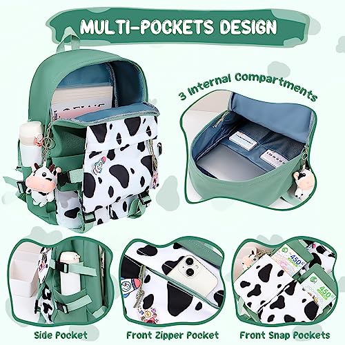 Unineovo Cow Print Kawaii Backpack with Cute Pin Accessories Plush Pendant Kawaii School Backpack Cute Aesthetic Backpack