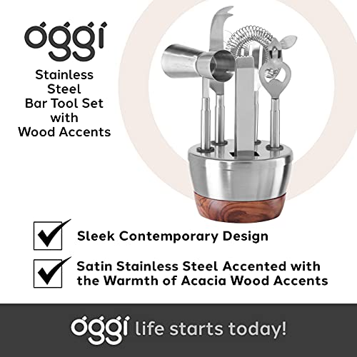 OGGI Modernist Stainless Steel Bar Tool Set w/Wood Accent- Ideal Bar Accessories, Cocktail Set, Bar Set, Bar Cart Décor; Includes Bar Knife, Ice Tongs, Drink Strainer, Double Jigger & Cap/Can Opener